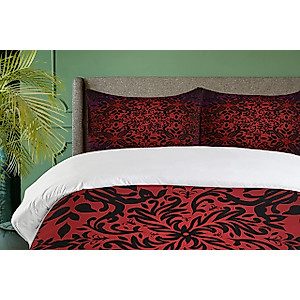 Ambesonne Oriental Duvet Cover Set, Mandala Inspired Curly Flowers and Leaves Details Frame Illustration, Decorative 3 Piece Bedding Set with 2 Pillow Shams, King Size, Vermilion and Black