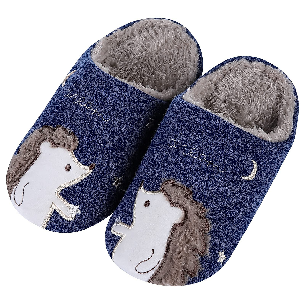 shevalues Fur Lined Animal Slippers for Kids Cute Girls Boys Unicorn Hedgehog House Shoes Fuzzy Embroidered Indoor Slippers Women, Navy Hedgehog, Size 1-1.5 Little_kid