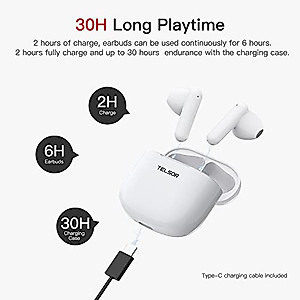 Wireless Earbuds for iPhone, TELSOR Bluetooth Headphones Touch Control Stereo Sound Bluetooth Earbuds with Noise Cancelling Mic for Calls, 30H Playtime, IPX7 Waterproof Earbuds for Android, White