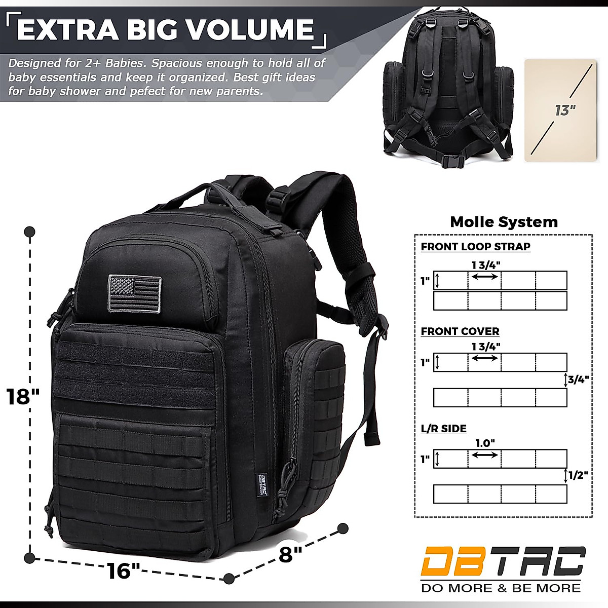 Diaper Bag Backpack for Dad, DBTAC Large Baby Nappy Bag for Men w/Changing Mat, Insulated+Wipe Pockets, Stroller Straps, Black