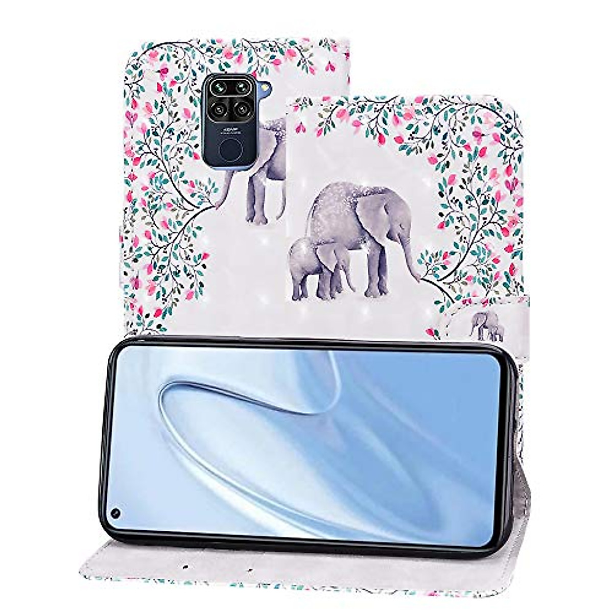 EMAXELER Xiaomi Redmi Note 9 Case 3D Print Full Stylish PU Leather Shockproof Flip Wallet Bookstyle Magnetic Case with Kickstand Credit Cards Slot for Xiaomi Redmi Note 9 CT 3D: Flower Elephant