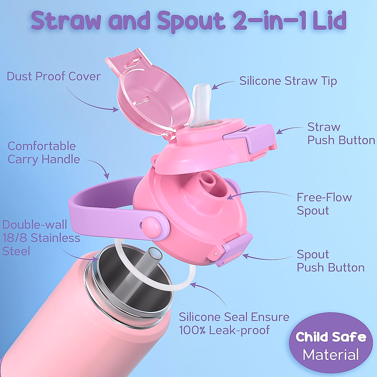 Kids Water Bottle with Straw & Chug(2-in-1 Lid), 14oz Kids Insulated 18/8 Stainless Steel Water Bottle for School Girls Boys Toddler Water Bottle Leak Proof & Spill Proof Kids Cups (1, B1.Pink)