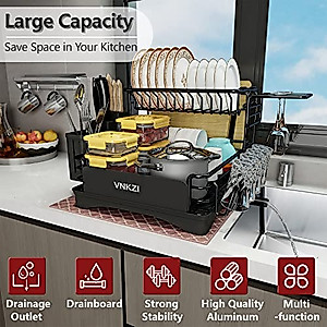 VNKZI Dish Drying Rack, 2 Tier Stainless Steel Multifunctional Large Dish Rack with Drainboard Set, Wine Glass Holder, Utensil Cutting Board Holder, Extra Drying Mat Set, for Kitchen Counter