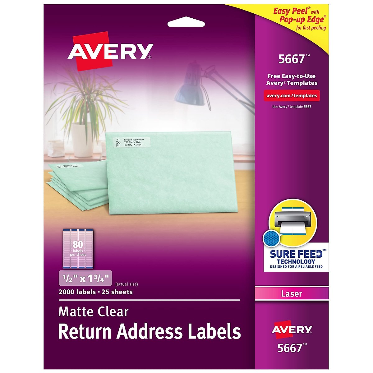 Avery Printable Return Address Labels with Sure Feed, 0.5" x 1.75", Matte Clear, 2,000 Blank Mailing Labels (05667)