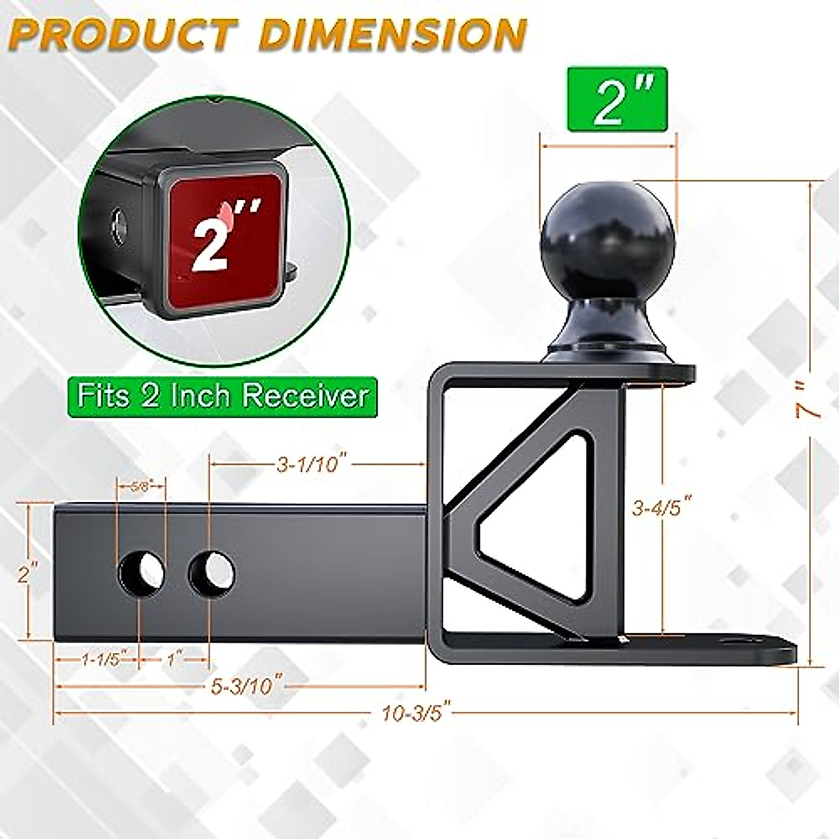 VNN ATV/UTV Trailer Hitch, Fits 2-inch Receiver, 2-inch Ball, 2-inch Rise, 3-in-1 ATV/UTV Multi-Hitch with Pin, ATV/UTV Receiver Hitch Towing Ball Mounts