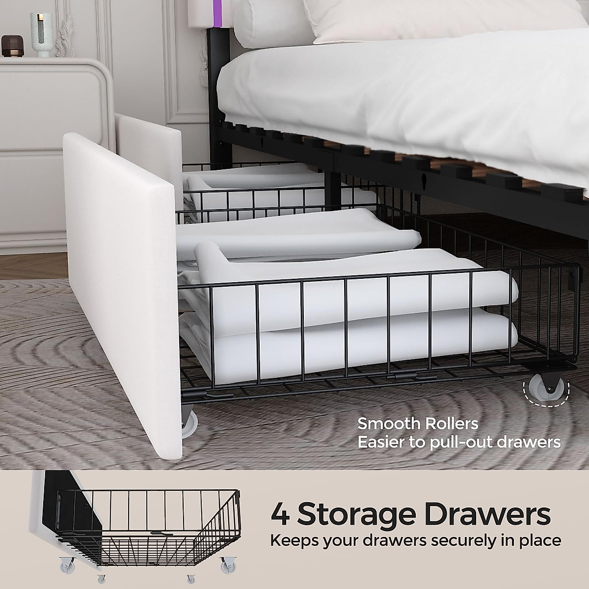 Queen Bed Frame with Adjustable LED Headboard White, Upholstered Metal Platform Bed Frame with 4 Under Bed Storage Drawers on Wheels and Charging Station, No Box Spring Needed, Easy Assembly