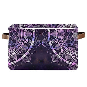 AGONA Abstract Colorful Galaxy Purple Mandala Foldable Storage Bin Large Collapsible Fabric Storage Box Organizer Containers Baskets with Leather Handles for Shelves Home Bedroom Nursery Office 2 Pack