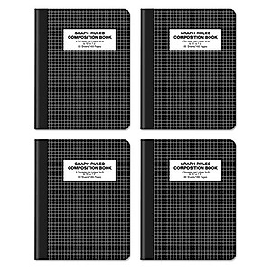 Quad Ruled Composition Book Notebook, 4 Pack, Hardcover 4x4 Graph Ruled Paper, 80 Sheets, 9.75" x 7.5", by Better Office Products, Black Cover, 4 Pack