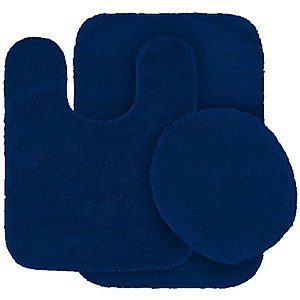 Linen Plus 3pc Solid Non Slip Bath Rug Set for Bathroom U-Shaped Contour Rug, Mat and Toilet Lid Cover New # Mary (Navy Blue)