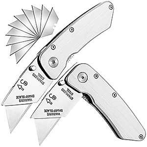 Utility Knife Box Cutter Knife 2 Pack Stainless Steel Folding Knife with Extra 10 Piece High-Strength Razor Blades