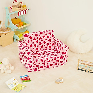 YLHO Flip-Out Sofa, 2-in-1 Convertible Sofa to Lounger for Kids, Soft and Comfy Toddler Couch for Kids Age 18 Months and Up (Pink & Red Heart)