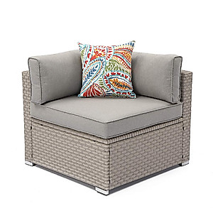 COSIEST Outdoor Furniture Add-on Left Corner Chair for Expanding Wicker Sectional Sofa Set w Warm Gray Thick Cushions, 1 Floral Fantasy Pillow for Garden, Pool, Backyard