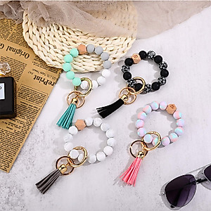 Mothers Day Gift Portable House Car Keys Ring Holder, Elastic Beaded Silicone Bracelet Bangle Wristlet Keychains W/Tassel