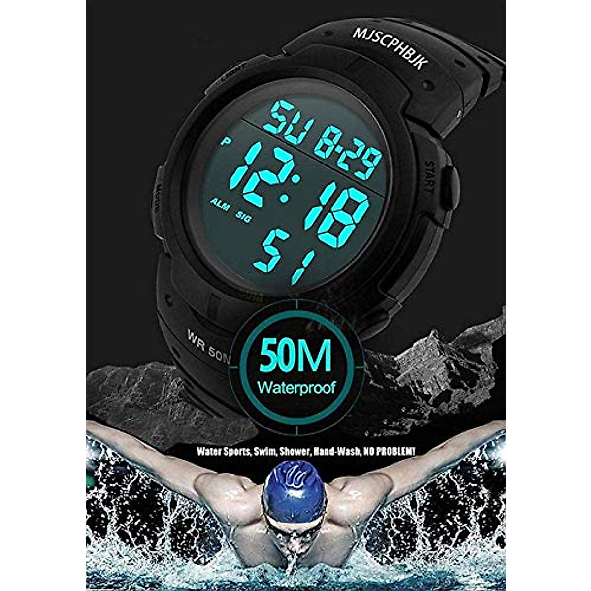 SKMEI MJSCPHBJK Mens Digital Sports Watch, Waterproof LED Screen Large Face Military Watches and Heavy Duty Electronic Simple Army Watch with Alarm, Stopwatch, Luminous Night Light - Black