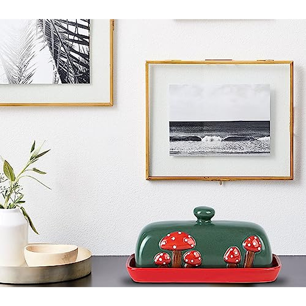 Mushroom Butter Dish With Lid For Countertop Ceramic Butterdish Red Butter Container Butter Tray Large Butter Dish Covered Butter Dish