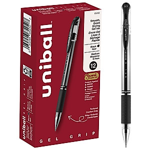 Black Gel Pens with Gel Grip, 12 Bulk Pens, Black Pen with 0.7mm Medium Points, Gel Office Pens for Office Supplies, School Supplies, & Home Supplies, Black Gel Ink Pens Bulk, Black Pens by Uniball