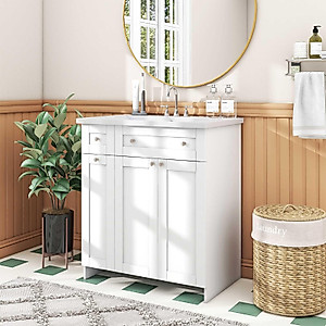 Appot AT-SV000002AAK Bathroom Vanity with Sink, 30 inch Single Bath Room Storage Cabinet and CeramicSink Combo, Solid Wood Frame, 2 Doors BathroomStorage CabinetSet Escorted by Pull-Out Drawers, White