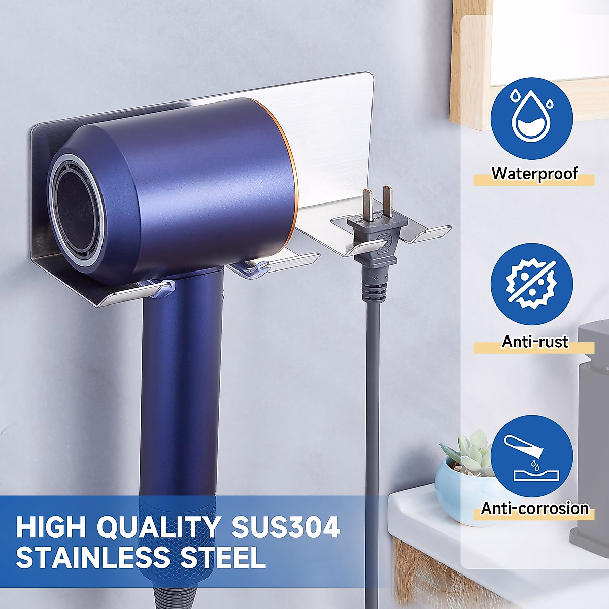 Hair Dryer Holder Wall Mounted, Adhesive Bathroom Blow Dryer Holder, Stainless Steel Hair Dryer Holder, Hair Tool Organizer No Drilling, Hairdryer Holder for Bathroom Barber Shops