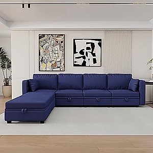 Xshelley Modular Sectional Sofa Couch with Storage Seat, U-Shaped Sectional Sofa with Lounge Chaise & Movable Ottoman, Living Room Furniture Sets (Blue)