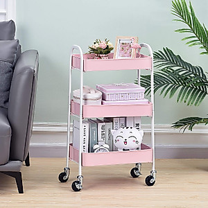 TOOLF 3 Tier Rolling Cart, No Screw Metal Utility Cart, Easy Assemble Utility Serving Cart, Sturdy Storage Trolley with Handles, Locking Wheels, for Classroom Office Home Bedroom Bathroom, Pink