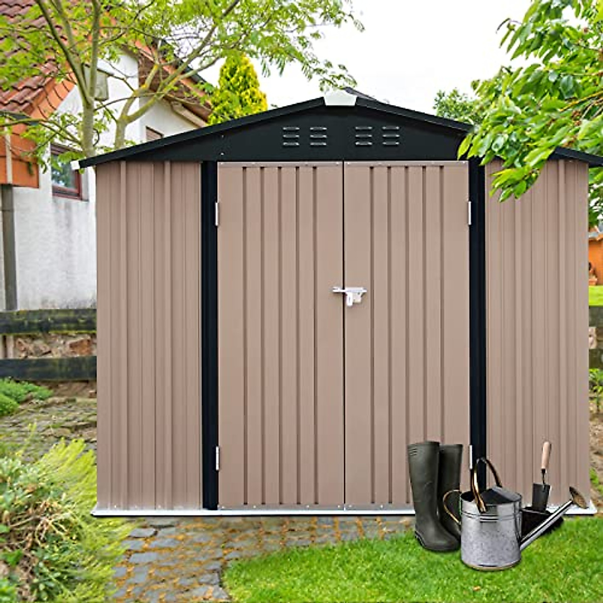 Polar Aurora 8 x 6 FT Outdoor Metal Storage Shed, Steel Garden Shed with Double Lockable Door, Tool Storage Shed for Backyard, Patio & Lawn
