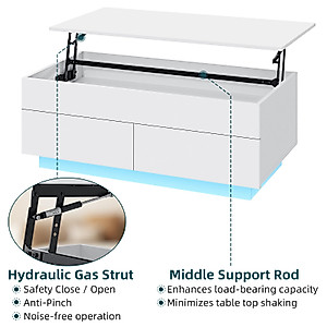 HOMMPA Lift Top Coffee Table with Hidden Storage LED Coffee table Morden High Gloss White Living Room 3 Tiers Tea Table with Storage Center Tables Hidden Compartment & 2 Drawers