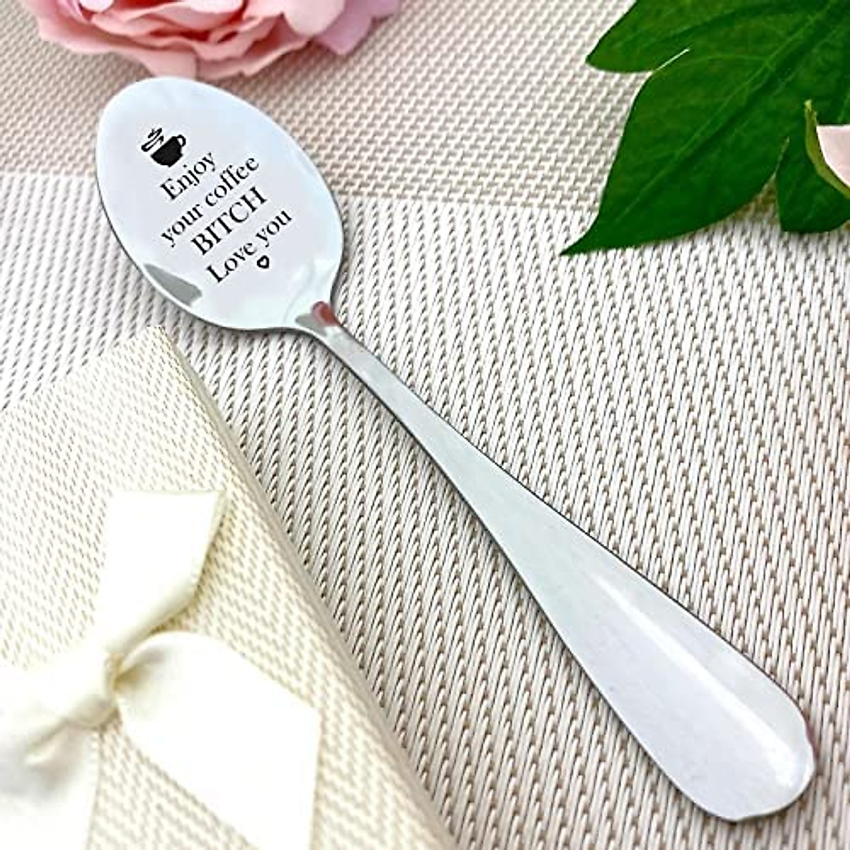 BIGEVENTS Enjoy Your Coffee Bitch I Love You coffee spoons Coffee lover Funny Engraved Spoon funny Gift for Girlfriend Birthday Christmas Thanksgiving Gifts, Silver, 7 inches (A4)