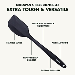 GreenPan 5 Piece Cooking Utensil Set, Flexible Nonstick Silicone, Stain-Free, Tongs, Turner, Spatula, Skimmer, and Slotted Spoon, Black