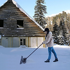 Gardenised Black Heavy Duty Snow Shovel Rolling Pusher Remover with Wheels and Wide Blades, (QI004186)