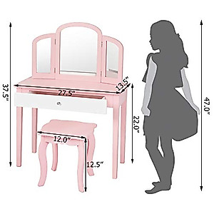 KOTEK Kids Vanity Set w/Tri-Folding Mirror, Princess Makeup Dressing Table w/Detachable Top & Drawer, 2-in-1 Vanity Table and Chair Set, Pretend Beauty Play Vanity for Girls (Pink)