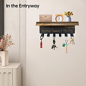 Iswabard Mail Holder with Key Hooks Key Holder for Wall Key Holder with Wooden Shelf, 6 Hooks, Key and Mail Holder Wall Mount Keys Holder on Wall Key Hanger Wall Mount (Brown)