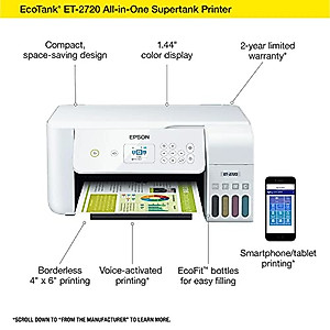 Epson (Renewed) EcoTank ET-2720 Wireless All-in-One Supertank Color Inkjet Printer, White - Print Scan Copy - 10.5 ppm, 5760 x 1440 dpi, 1.44" LCD, Voice Activated, Ethernet, Borderless Print