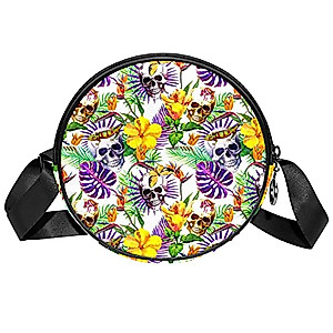 Funny Skull with Leaves Crossbody Bag for Women Teen Girls Round Canvas Shoulder Bag Purse Tote Handbag Bag