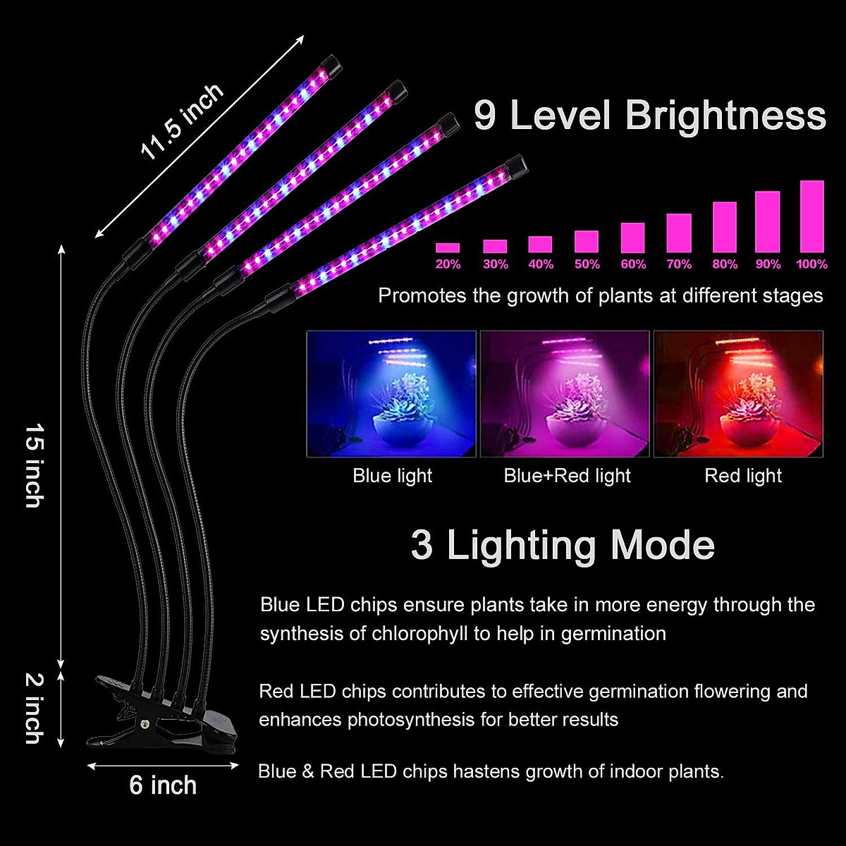 LED Grow Lights for Indoor Plants - JUEYINGBAILI Gooseneck Plant Lights with Red Blue Full Spectrum, Auto ON/Off 3 9 12 Timer, 9 Dimmable Levels Clip Plant Growing Lamp (with Power Adapter)