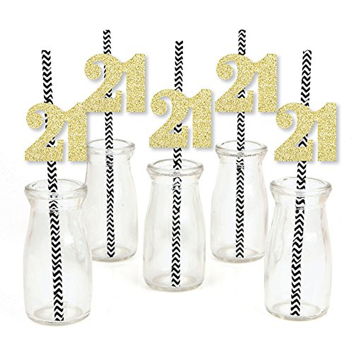 Gold Glitter 21 Party Straws - No-Mess Real Gold Glitter Cut-Out Numbers & Decorative 21st Birthday Party Paper Straws - Set of 24