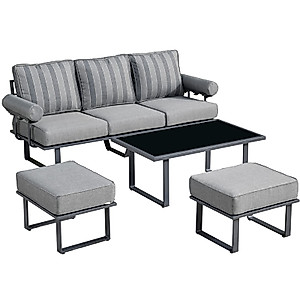 ovios Patio Furniture Set 6 Pieces Outdoor Aluminum Sofa Couch with Coffee Table Ottomans Cushions High Back Sofa All Weather Conversation Set, Black-Grey Stripe