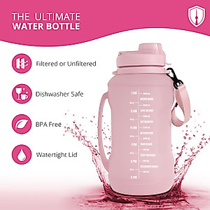Collapsible Water Bottle for Traveling, Workout or Hiking 64oz Gen 2.0 - Motivational Water Bottle with Time Markings - Half Gallon / 2 L Capacity - BPA Free & Dishwasher Safe (Fruity Pink + Filter)