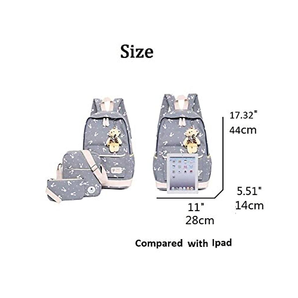 3Pcs Rabbit-Print Girls Canvas School Backpack for Elementary Middle Kids Bookbag with Pencil Case