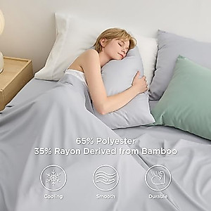 Bedsure Twin Sheets Grey for Kids - Polyester & Rayon Derived from Bamboo Cooling Bed Sheets, Deep Pockets Fits up to 16", Breathable, Wrinkle Free and Soft Twin Sheet & Pillowcase Sets