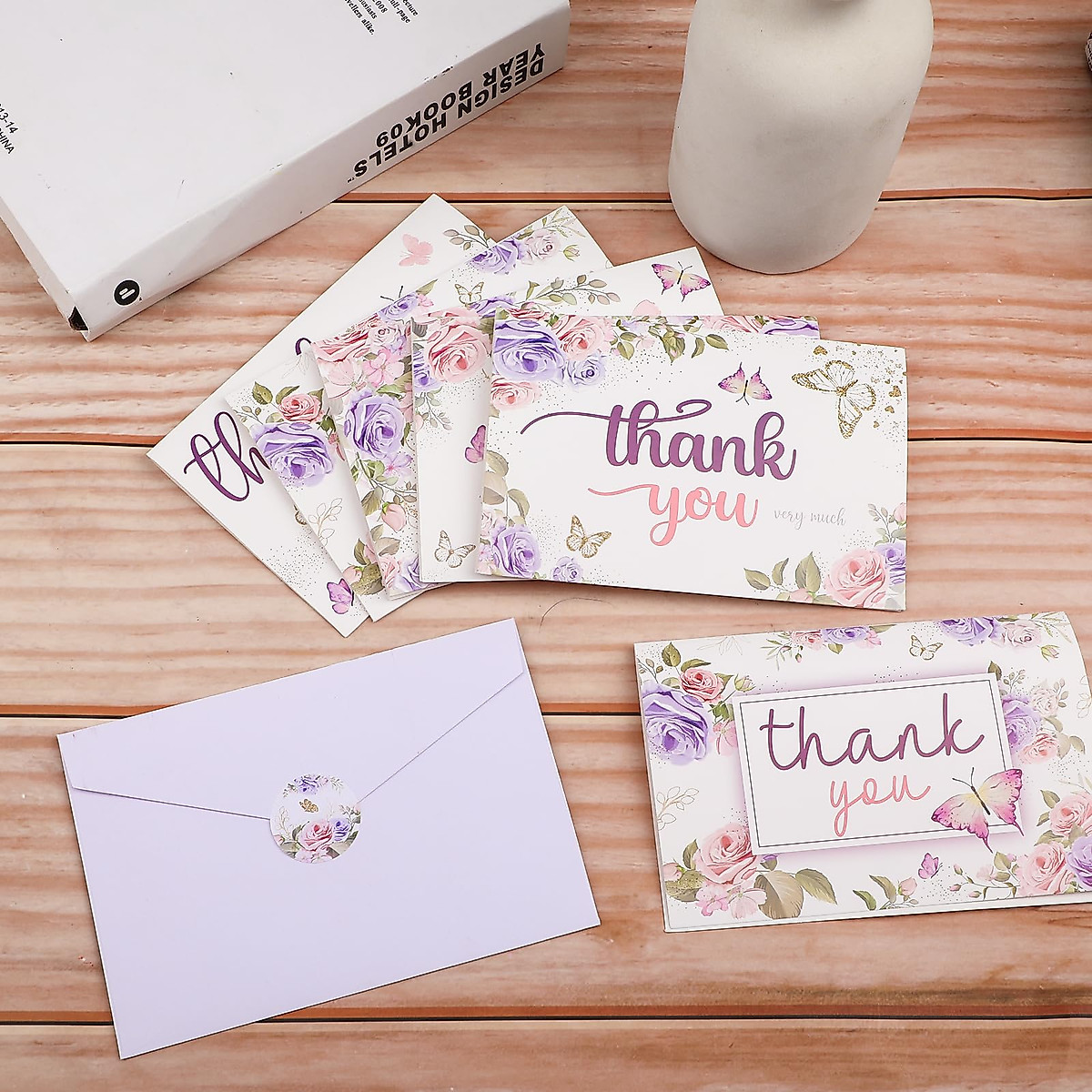 60 Pieces Butterfly Floral Baby Shower Thank You Cards,Purple Thank You Cards Includes 30 Pieces Envelopes and 30 Pieces Blank Butterfly Cards with Stickers for Wedding Baby Shower Graduation Bridal