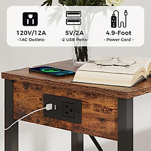 VIMBER Set of 2 End Table with Charging Station, Narrow Side Table with USB Ports and Outlets, Nightstands with 2-Tier Storage Shelves, Sofa Table for Small Space Living Room Bedroom