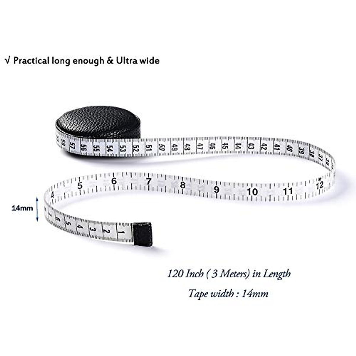 3m/120" Tape Measure Body Measuring Tape for Body Cloth Tape Measure for Sewing Fabric Tailors Medical Measurements Tape Dual Sided Leather Tape Measure Retractable (Black, 1 Pack)