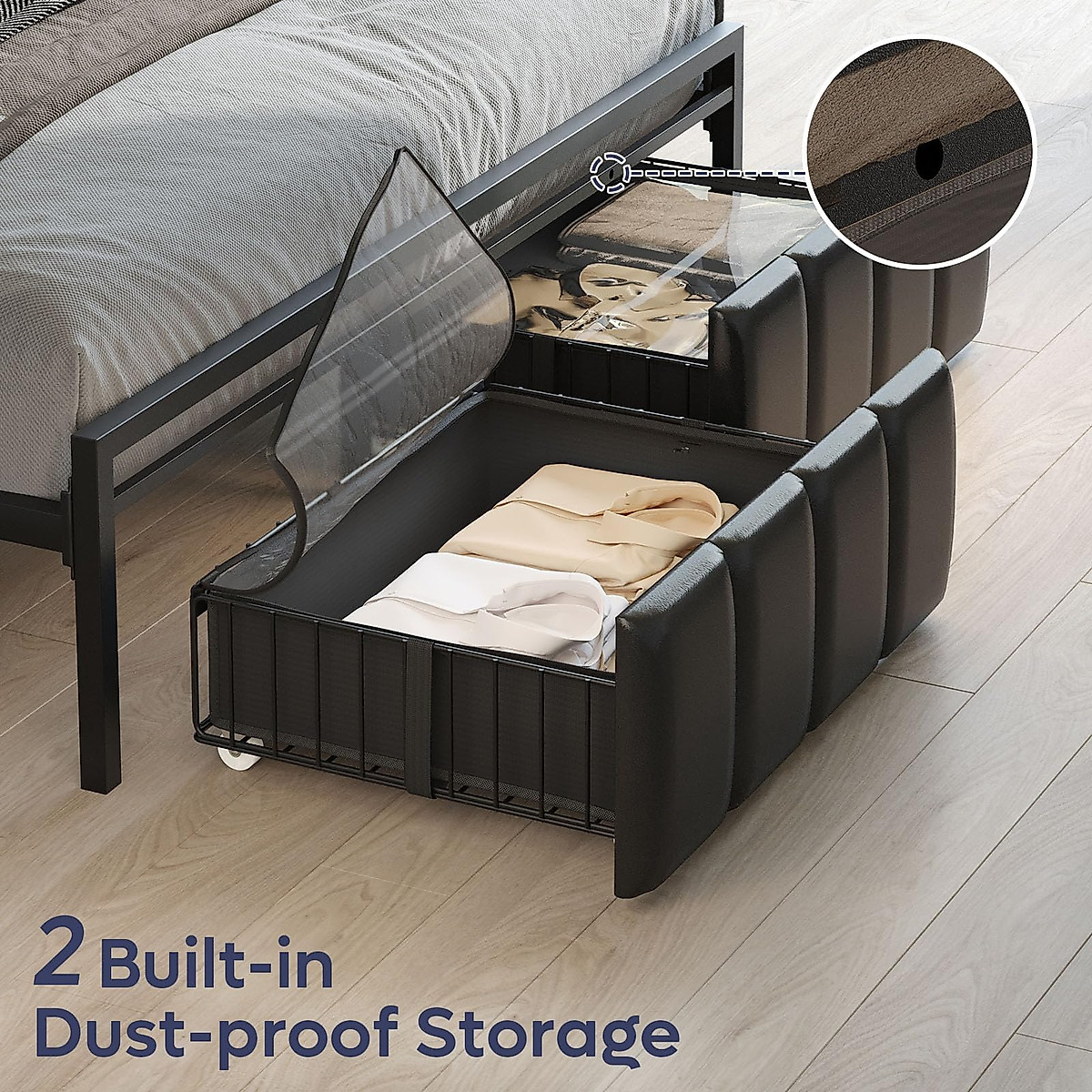 Bestier Queen Bed Frame with Hidden Storage Headboard, Black PU Leather Platform Bed with 2 Dustproof Drawers, 2 Tier Shelves with Charging Station, Dual LED Light, No Box Spring Needed, Easy Assembly