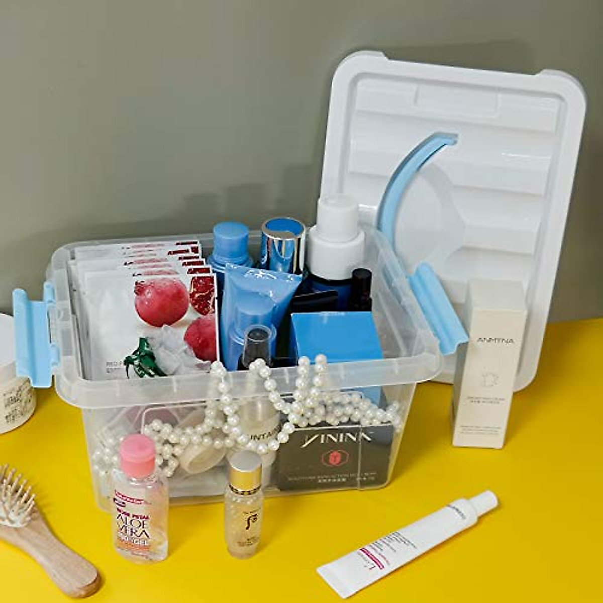 Gloreen 6 Quart Clear Storage Bins with Lid and Blue Handle, Multipurpose Plastic Storage Latch Box/Containers, 2 Packs