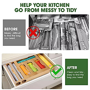 Wall Mount Ziplock Bag + Foil & Plastic Wrap Organizer - Premium Bamboo Organizer for Ziplock Bags, Foil & Plastic Wrap Dispenser | Kitchen Organization & Storage | 12" X 2.125" Standard Rolls only