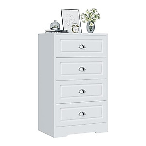 Shintenchi White Tall Dresser for Bedroom, 4 Drawer Narrow Nightstand, Chest of Drawers Vertical Wooden Dresser with Metal Handle, Living Room Storage Organizer, White and Silver