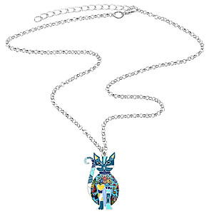 BONSNY Enamel Alloy Floral Kitten Cat Necklace Chain Pendant Fashion Jewelry For Women Charm Gift (Blue)