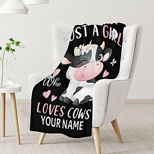Custom Cow Blanket with Name for Kids, Aldults - Soft, Fuzzy & Cozy - 50"x60" Throw Size Blankets for Sofa, Work - Black Cute Warm Throw Blankets Gifts