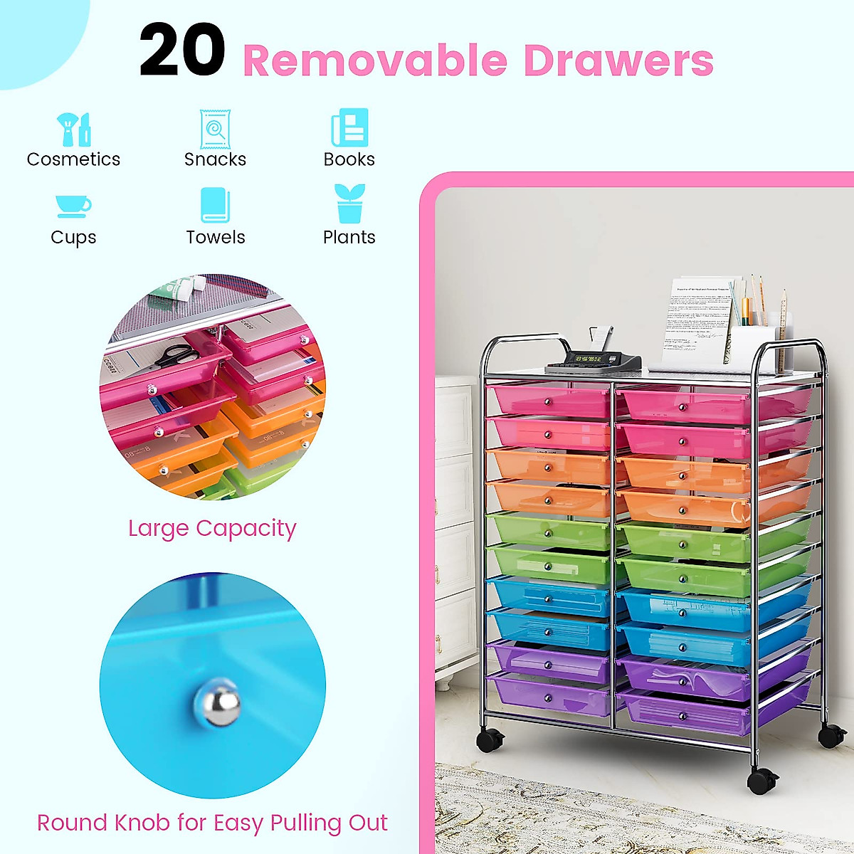 COSTWAY 20-Drawer Rolling Storage Cart, Utility Storage Organizer Cart for Tools, Scrapbook, Paper, Craft, Multipurpose Storage Trolley on Wheels for Home Office School (Rainbow)