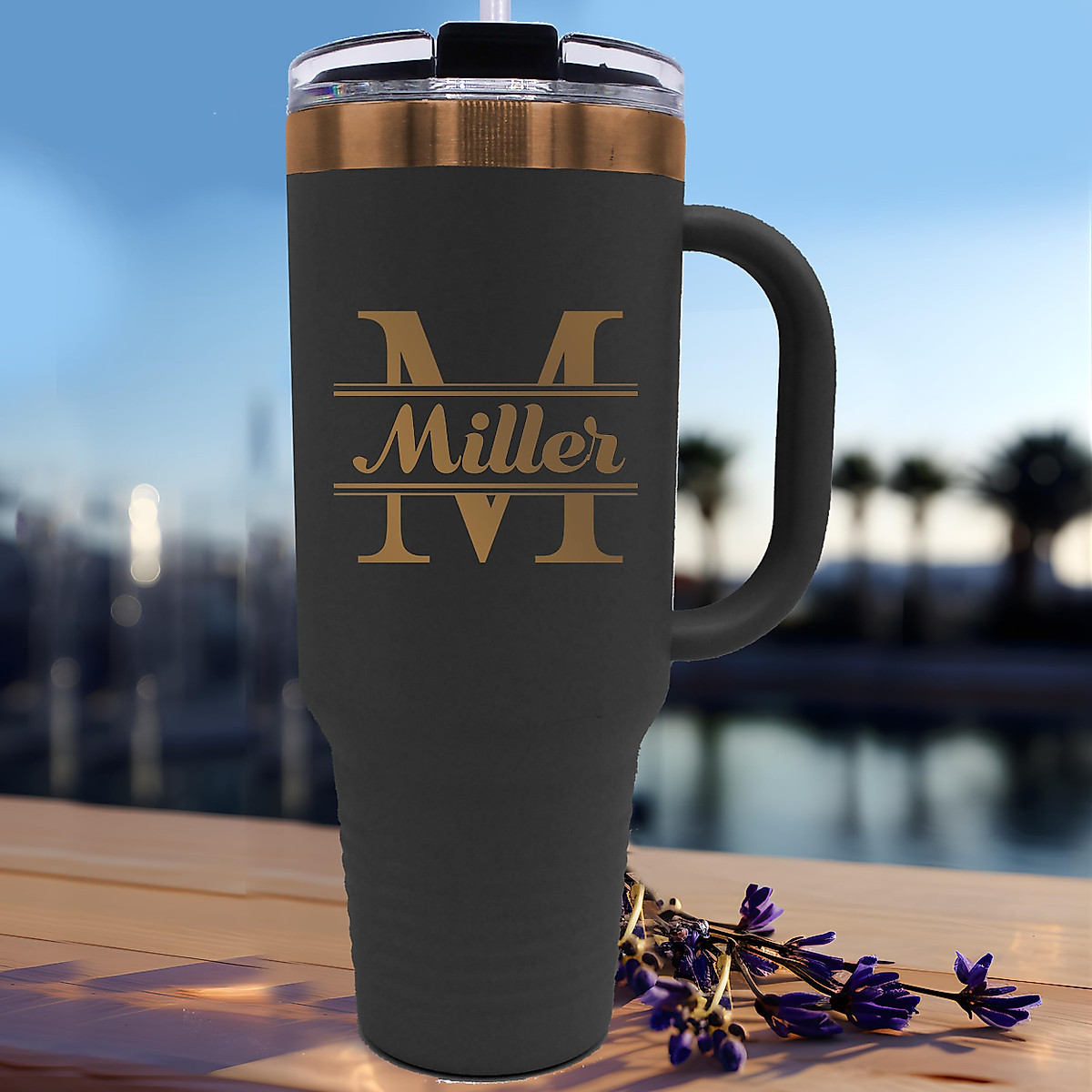 Custom Monogrammed 40 oz Tumbler with Handle, Lid and Straw - Personalized Insulated Stainless Steel Large Cup (Black with Gold)